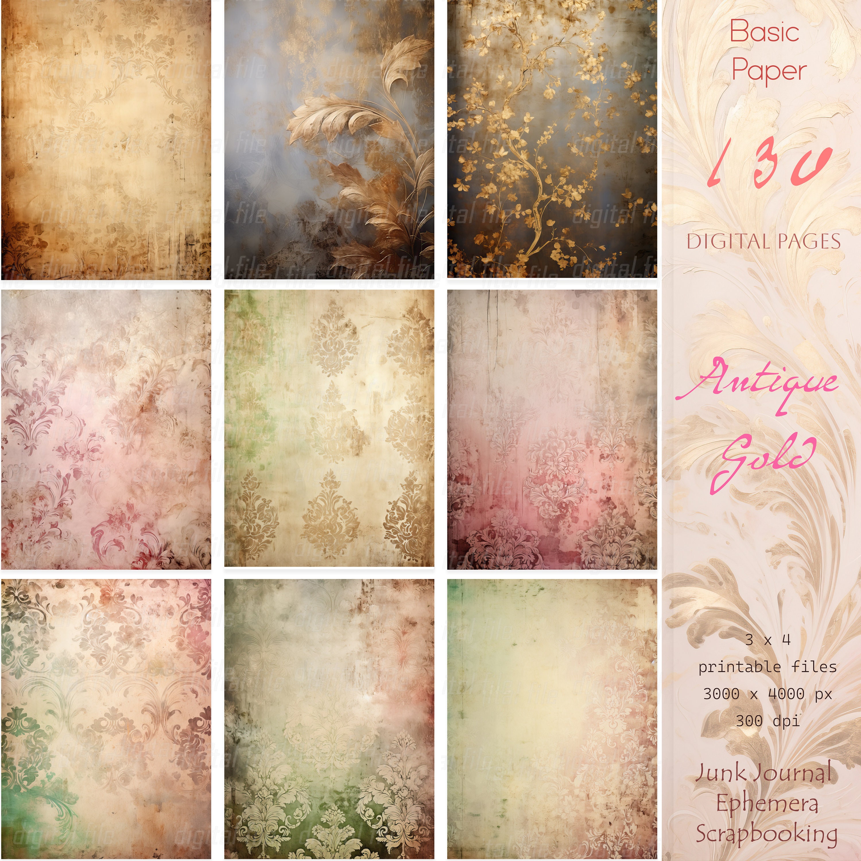 Antique Gold Digital Printable Collection of Pages for Junk Journal and ...