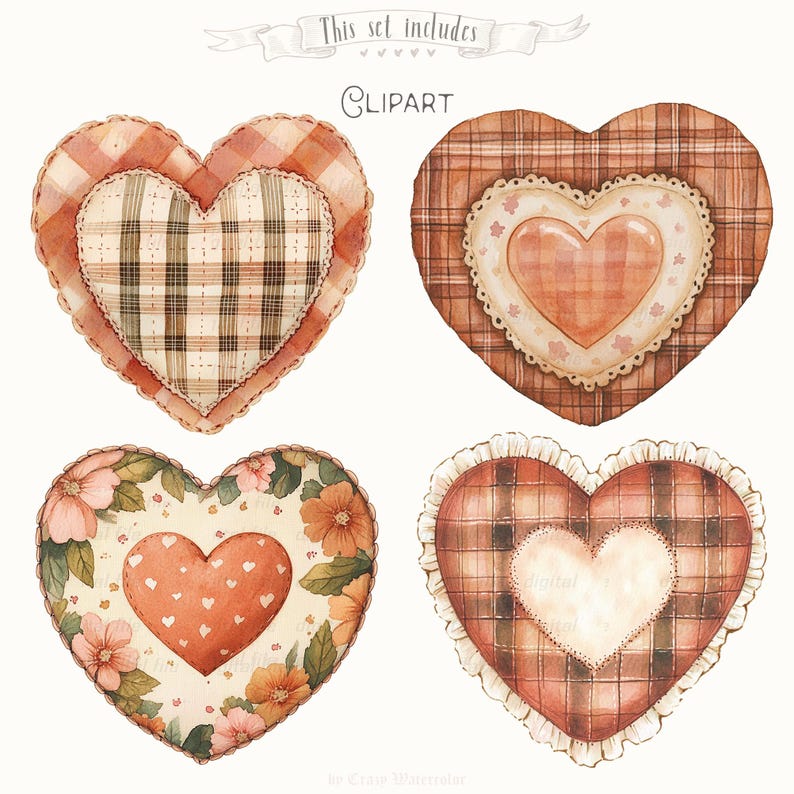 Rustic Heart 85 Clipart: Digital Romantic Watercolor Set, Valentine’s ...