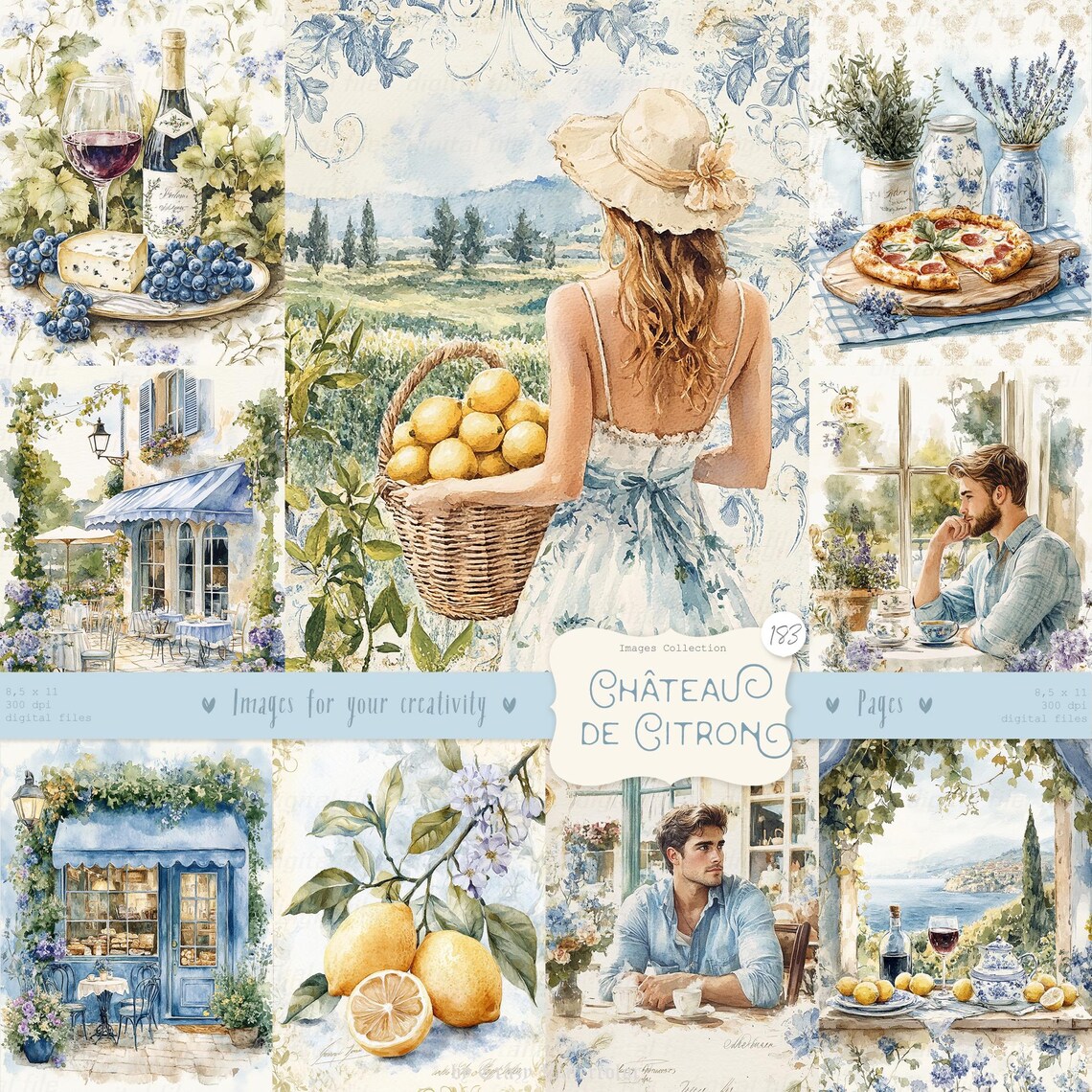 Lemon & Blue Tile Digital Paper: Mediterranean Ephemera (183 Images ...
