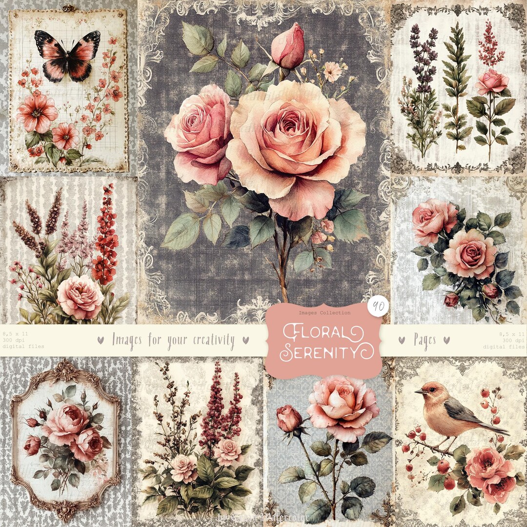 Vintage Floral Clipart: Shabby Chic Roses Ephemera (digital Download ...