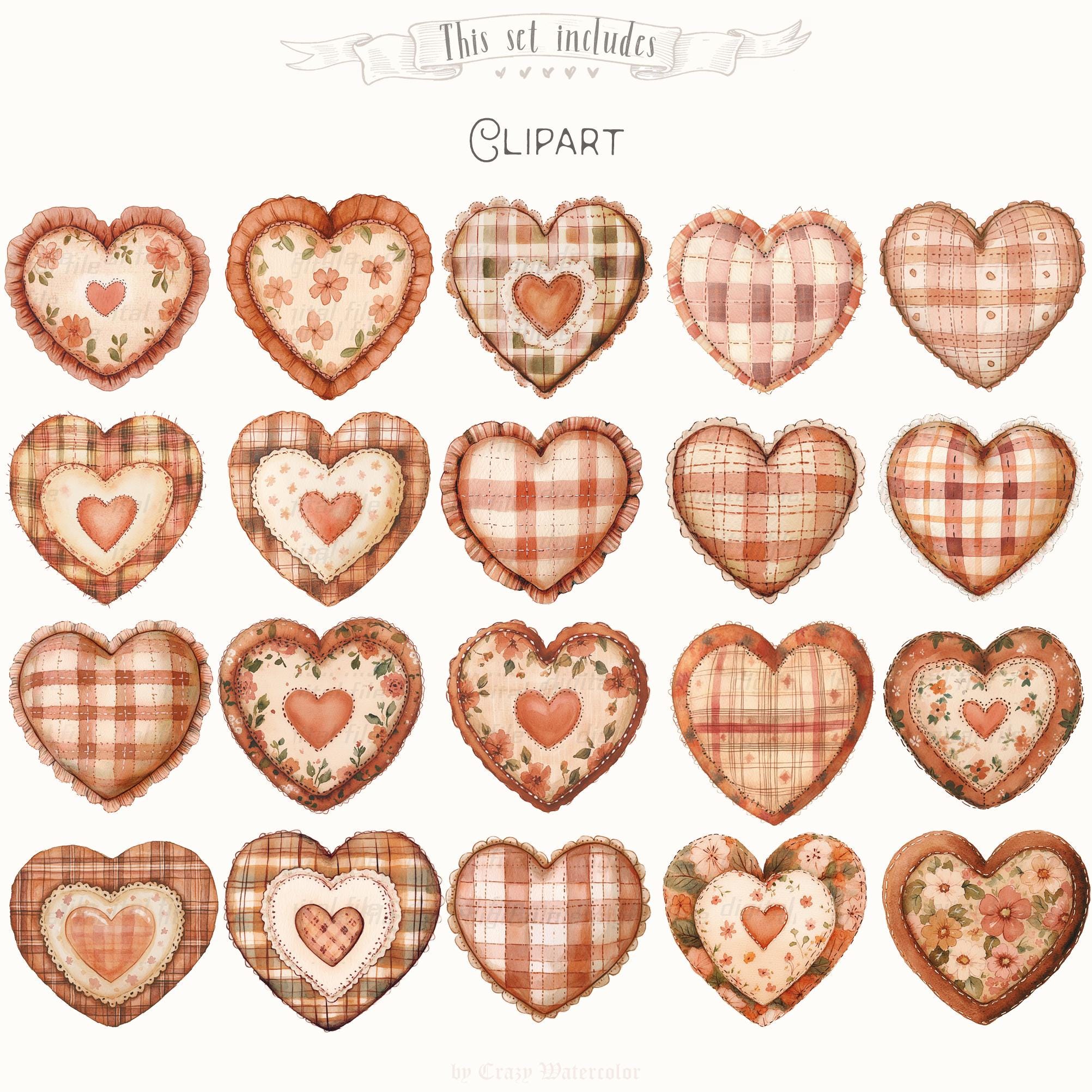 Rustic Heart 85 Clipart: Digital Romantic Watercolor Set, Valentine’s ...