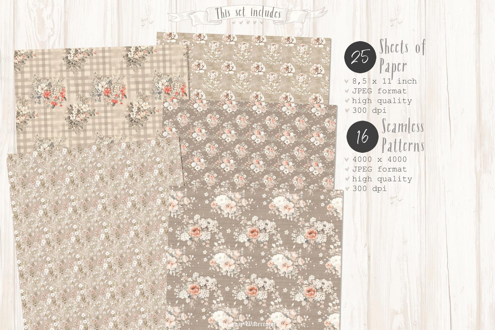 Vintage Floral Scrapbook Paper: Beige Gray Wildflower Dream (digital ...