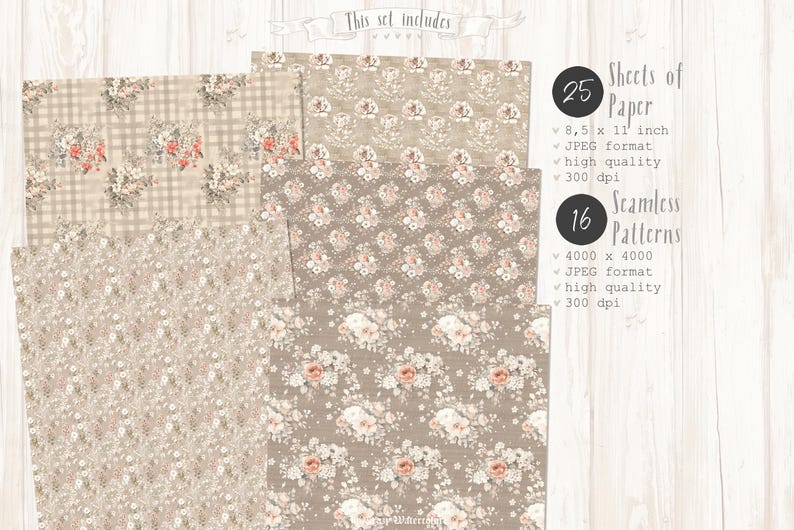 Vintage Floral Scrapbook Paper: Beige Gray Wildflower Dream (digital ...