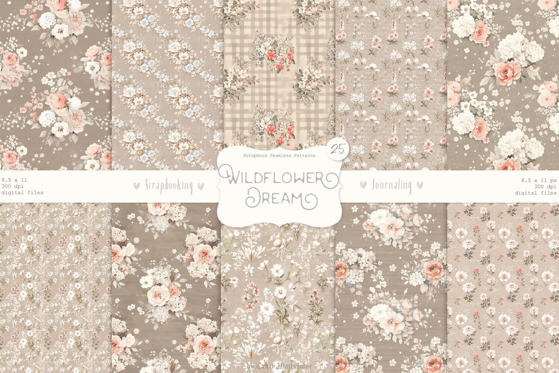 Vintage Floral Scrapbook Paper: Beige Gray Wildflower Dream (digital ...