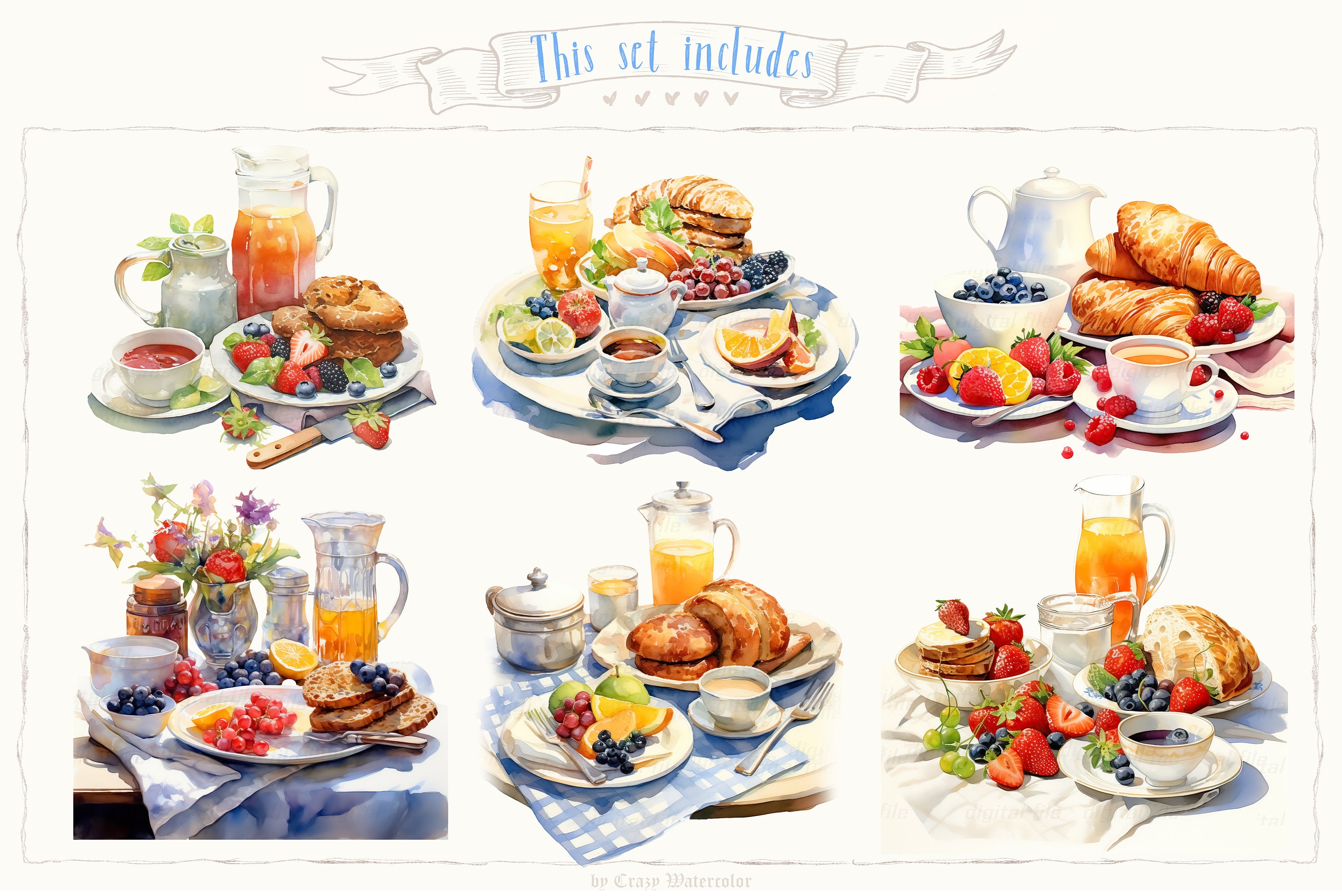 Breakfast Watercolor Clipart Set PNG : Tasty Healthy Food, Brunch, Cafe ...