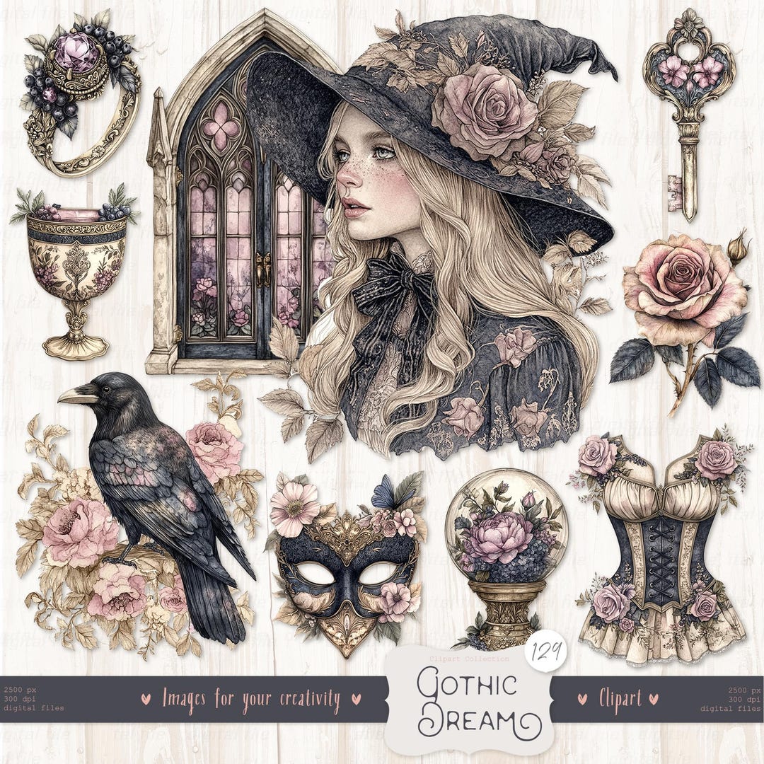 Gothic Dream 129 Clipart : Watercolor Halloween Clipart, Witch Stickers ...