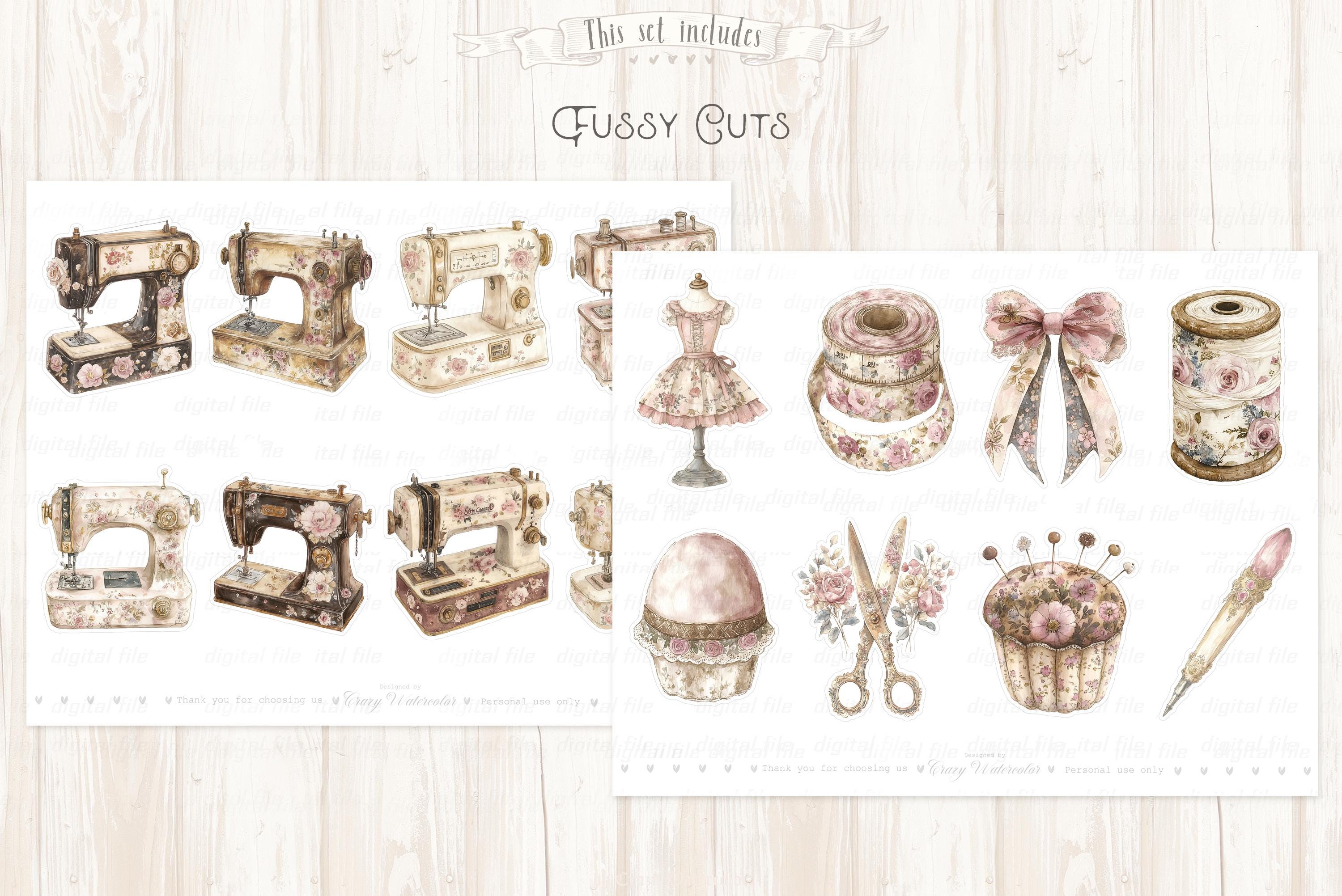 Vintage Sewing 57 Fussy Cuts: DIGITAL Shabby Chic Stickers, Printable ...