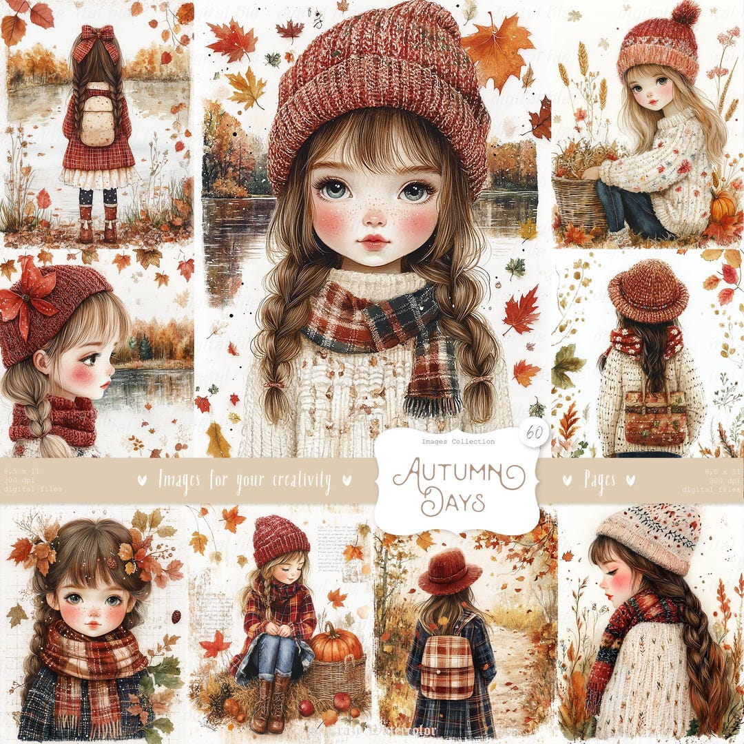 Watercolor Fall Girl Clipart: Autumn Landscape Scenes (digital Download ...