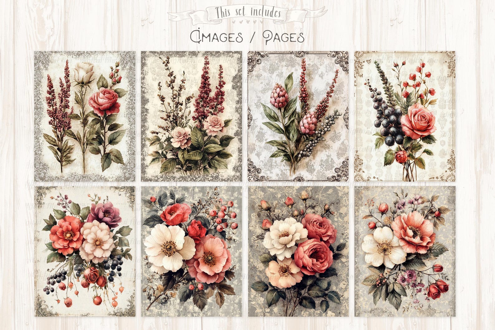 Vintage Floral Clipart: Shabby Chic Roses Ephemera (digital Download ...