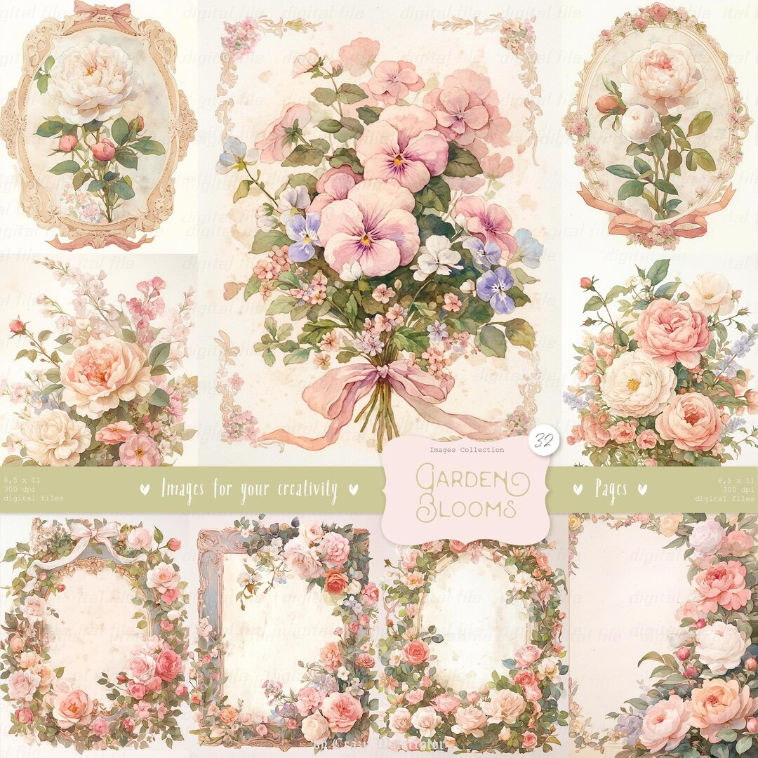 Vintage Garden Blooms Clipart: Shabby Chic Roses Ephemera (digital ...