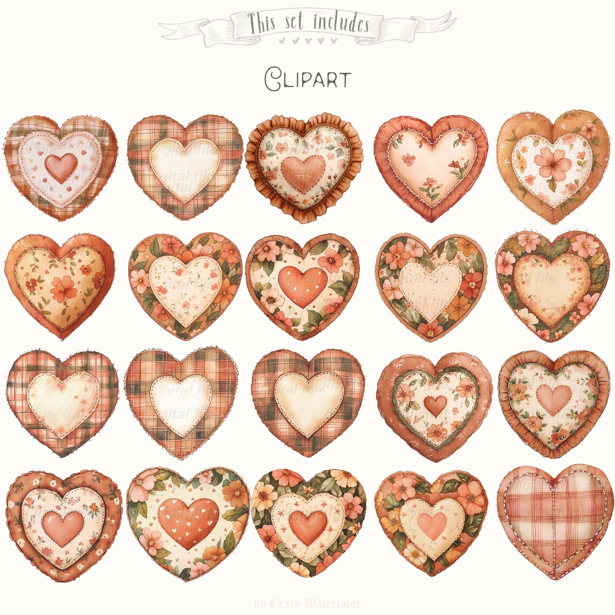Rustic Heart 85 Clipart: Digital Romantic Watercolor Set, Valentine’s ...