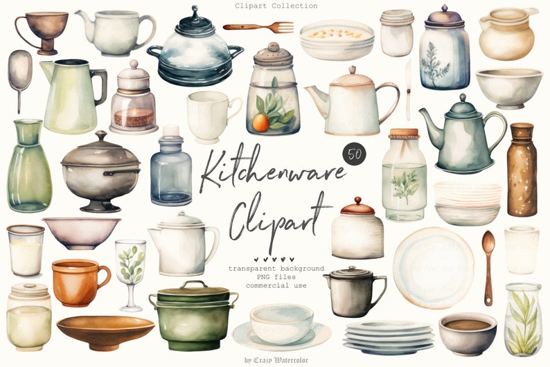 Kitchenware Clipart Set - Watercolor Illustration - Transparent ...