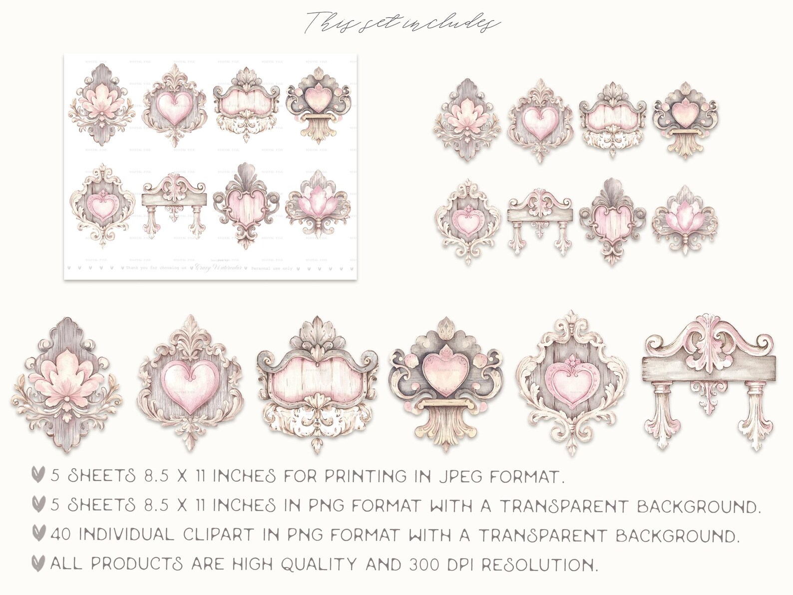 Rococo Reverie 40 Fussy Cuts and Cliparts: DIGITAL Vintage Baroque PNG ...