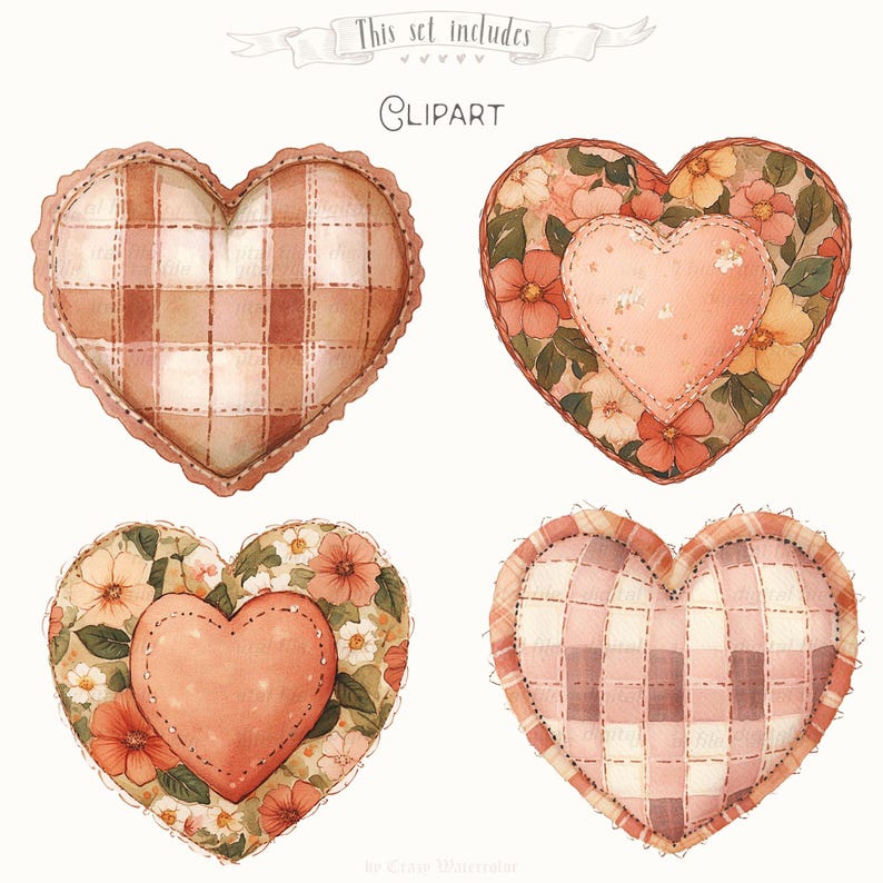 Rustic Heart 85 Clipart: Digital Romantic Watercolor Set, Valentine’s ...