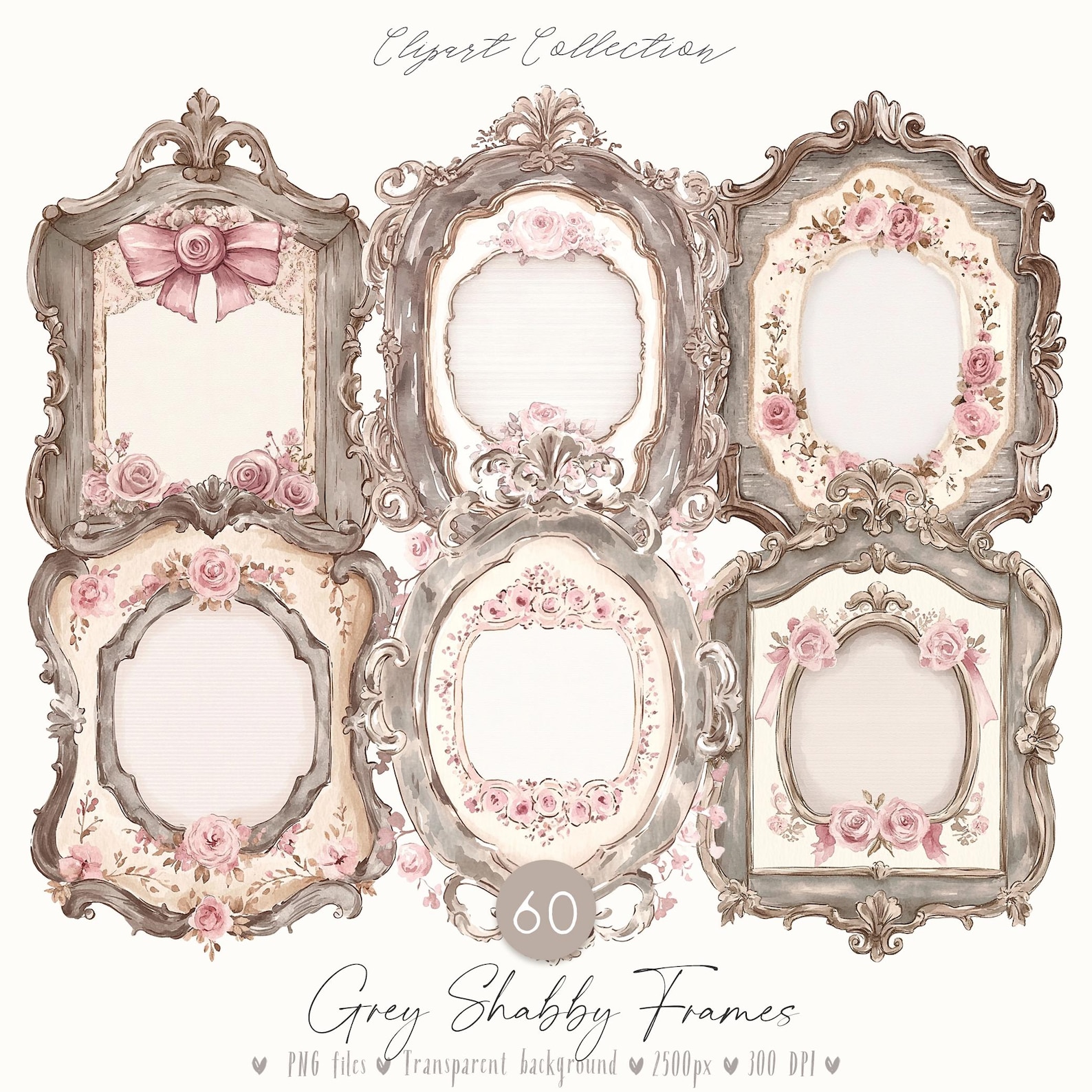 Grey Shabby Frames 60 Clipart: DIGITAL Victorian Style Borders, Rustic ...