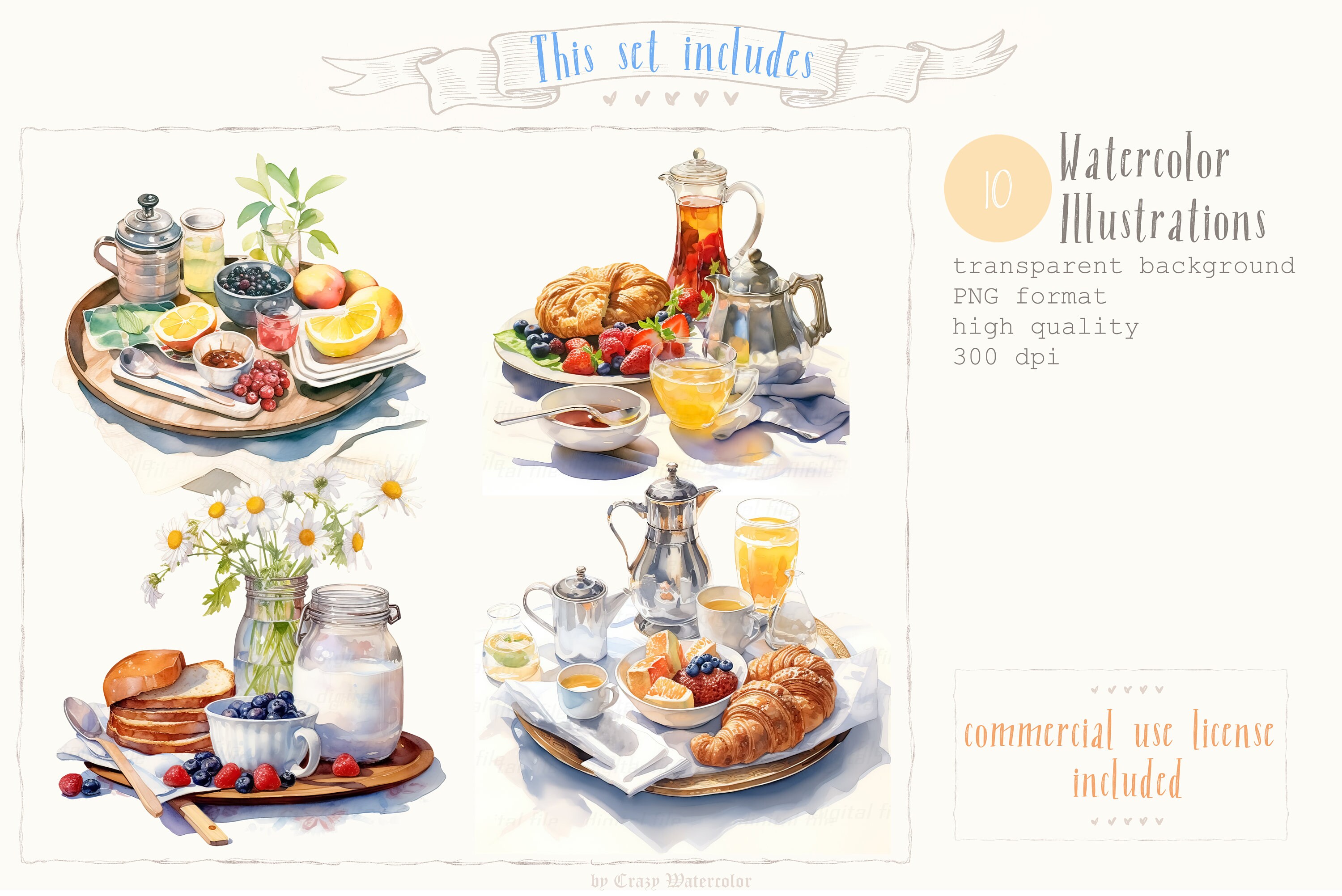 Breakfast Watercolor Clipart Set PNG : Tasty Healthy Food, Brunch, Cafe ...
