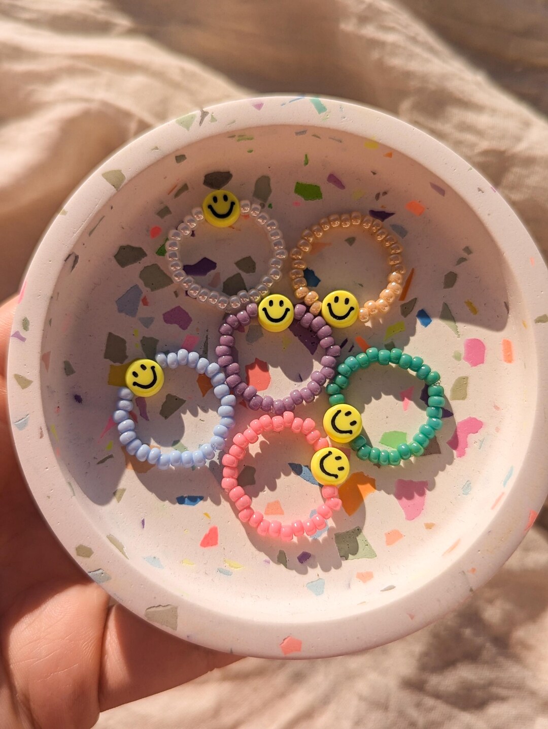 Colorful Rings, Elastic Beaded Ring, Happy Face, Lucky Charm Gift Idea ...