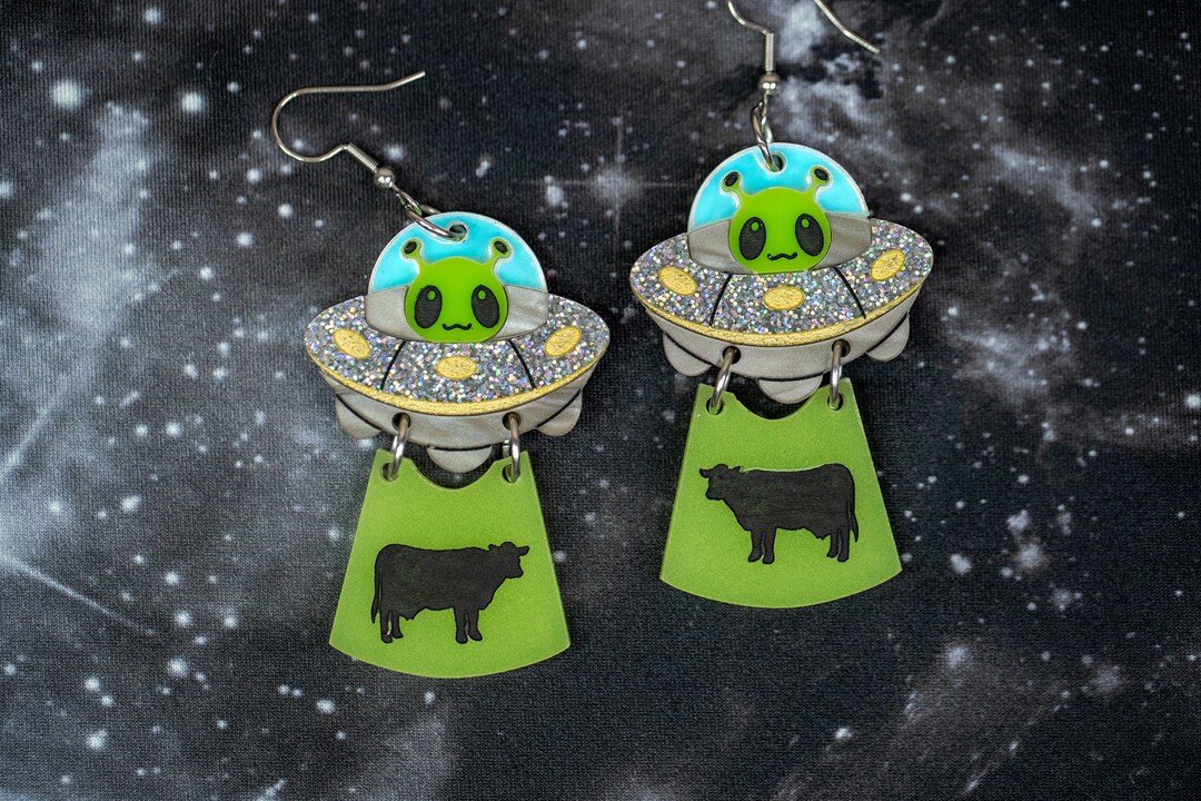 Glow in the Dark Alien Abduction Earrings, UFO Cow Earrings, Space Ship ...