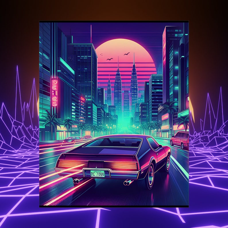 Synthwave Outrun Classic Car, Wall Decor Poster Sunset With Vaporwave ...
