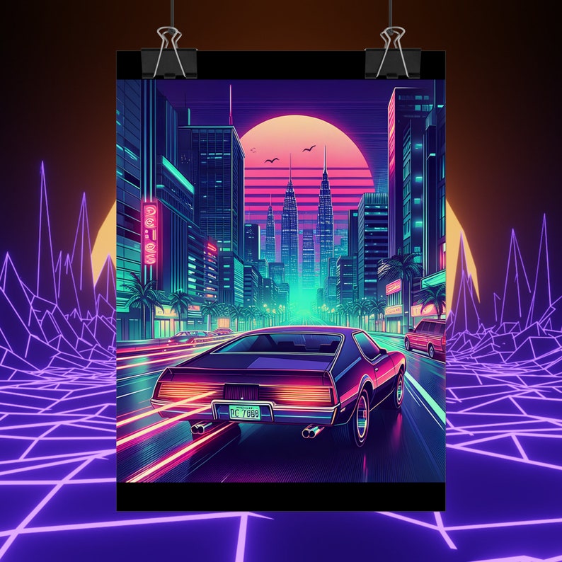 Synthwave Outrun Classic Car, Wall Decor Poster Sunset With Vaporwave ...