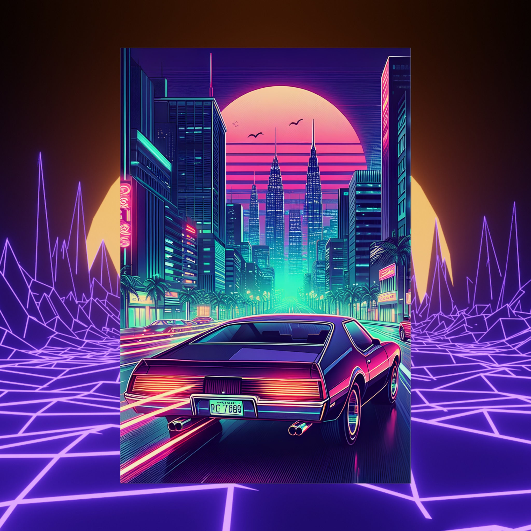 Synthwave Outrun Classic Car, Wall Decor Poster Sunset With Vaporwave ...