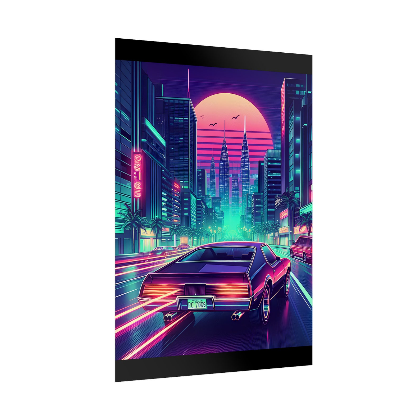 Synthwave Outrun Classic Car, Wall Decor Poster Sunset With Vaporwave ...