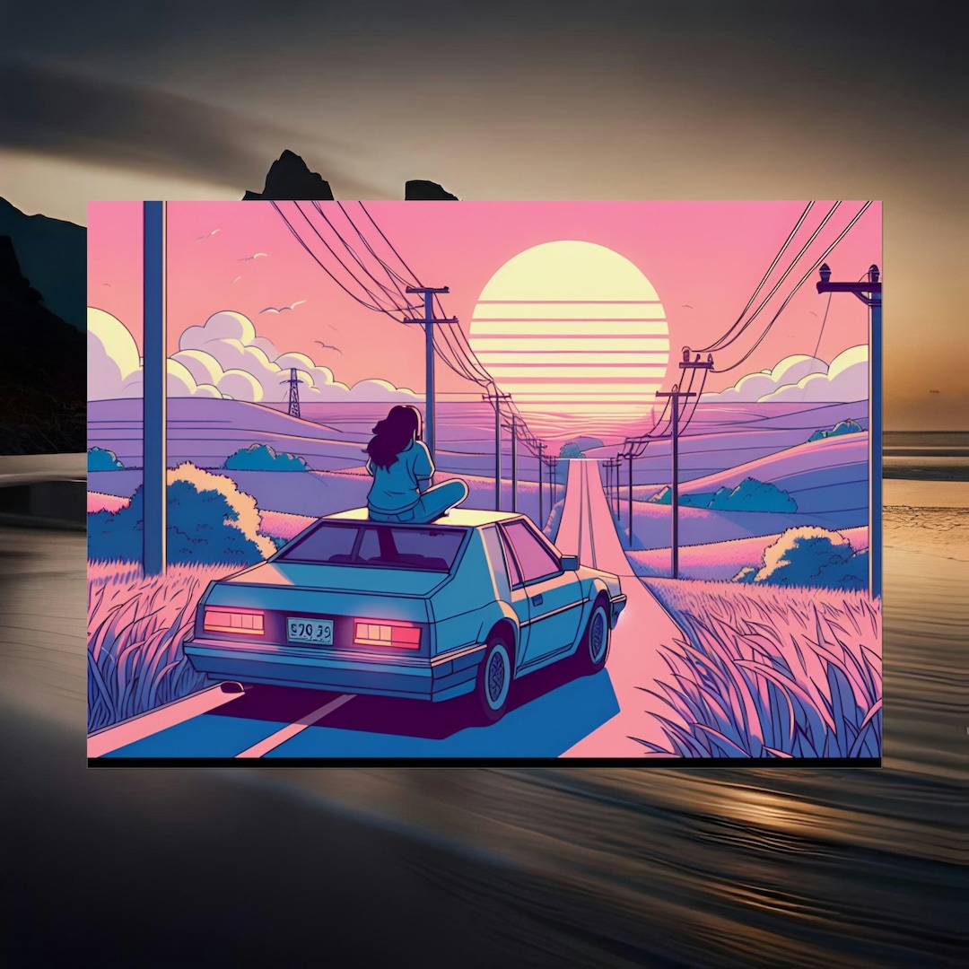Lofi Dreamy Artwork: Girl on Top of Car in Country Road - Pastel Colors ...