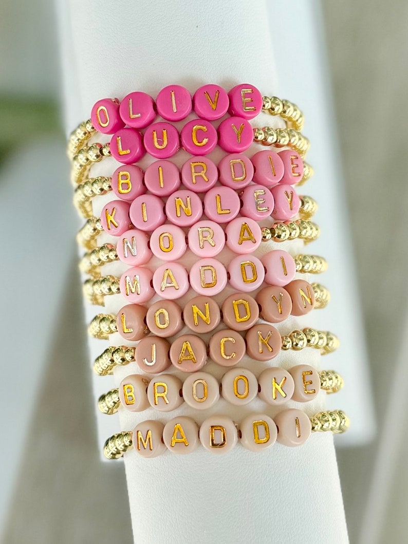 Pink Letter Name Bracelet, Gold Filled Stretchy Word Bracelets, Pink ...