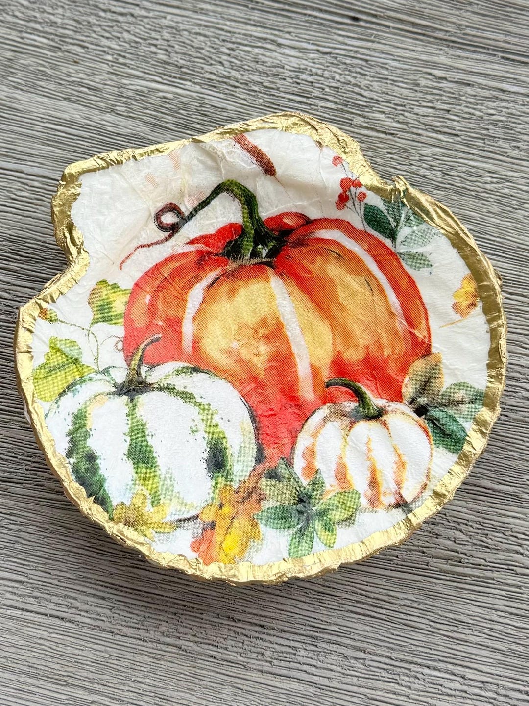 Decoupage Scallop Shell, Fall Leaves Pumpkin Ring Dish Jewelry Holder ...