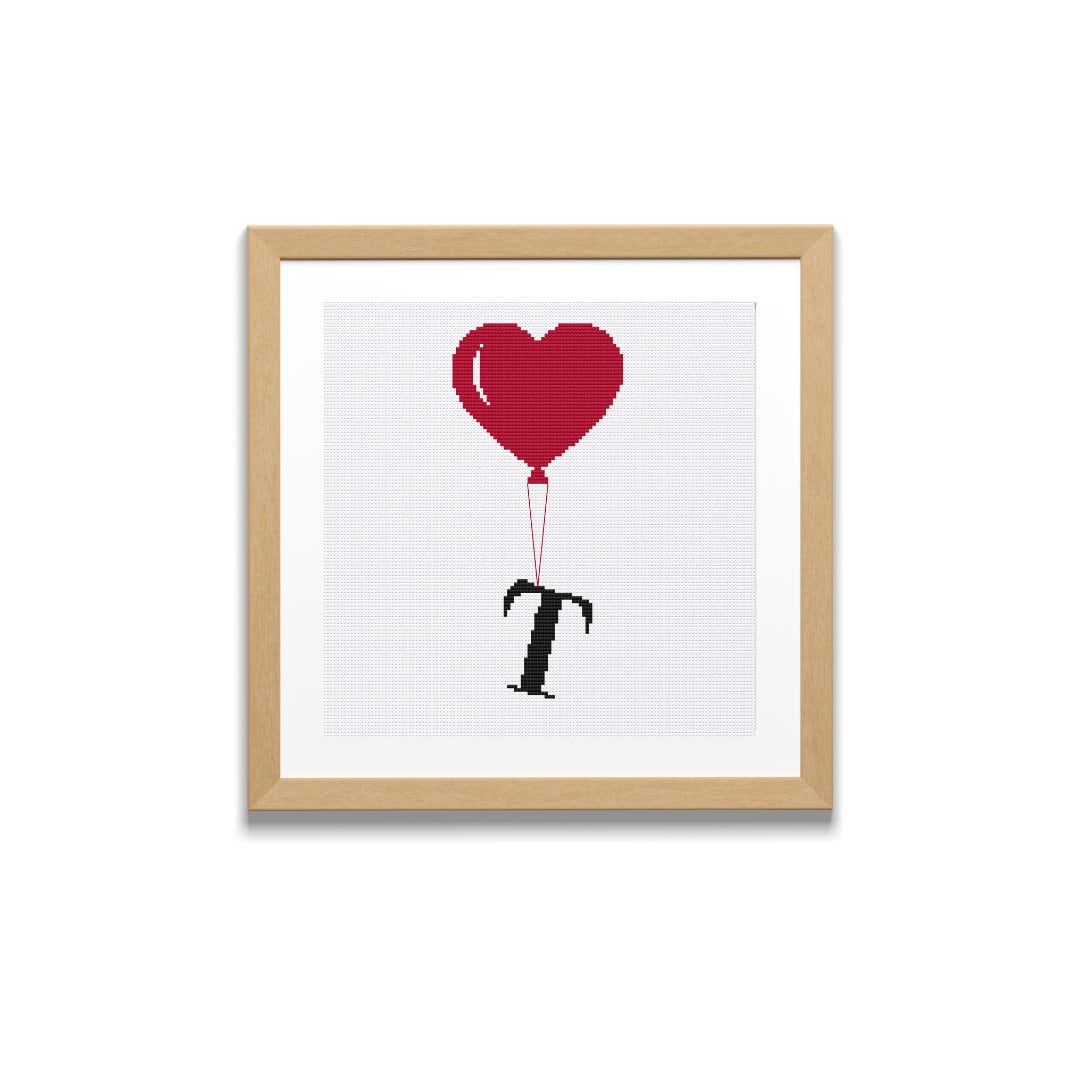 Letter T Cross Stitch Pattern, Heart Balloon T Cross Stitch, Initial ...