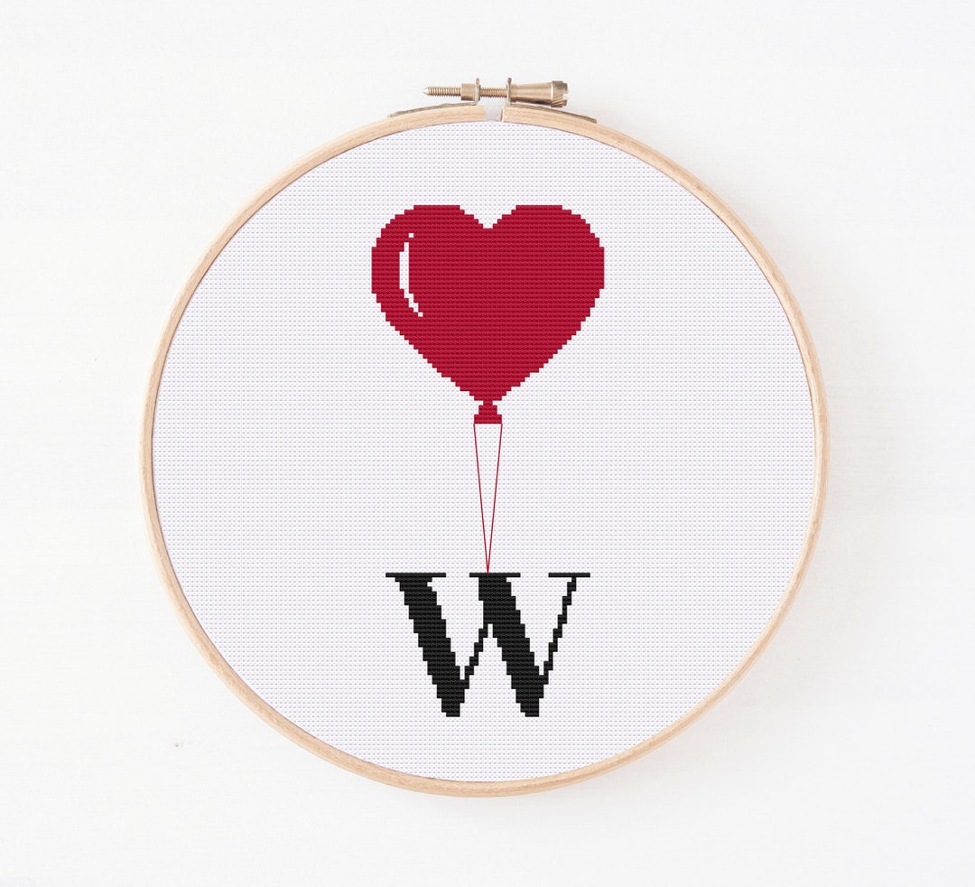 Letter W Cross Stitch Pattern, Heart Balloon W Cross Stitch, Initial ...