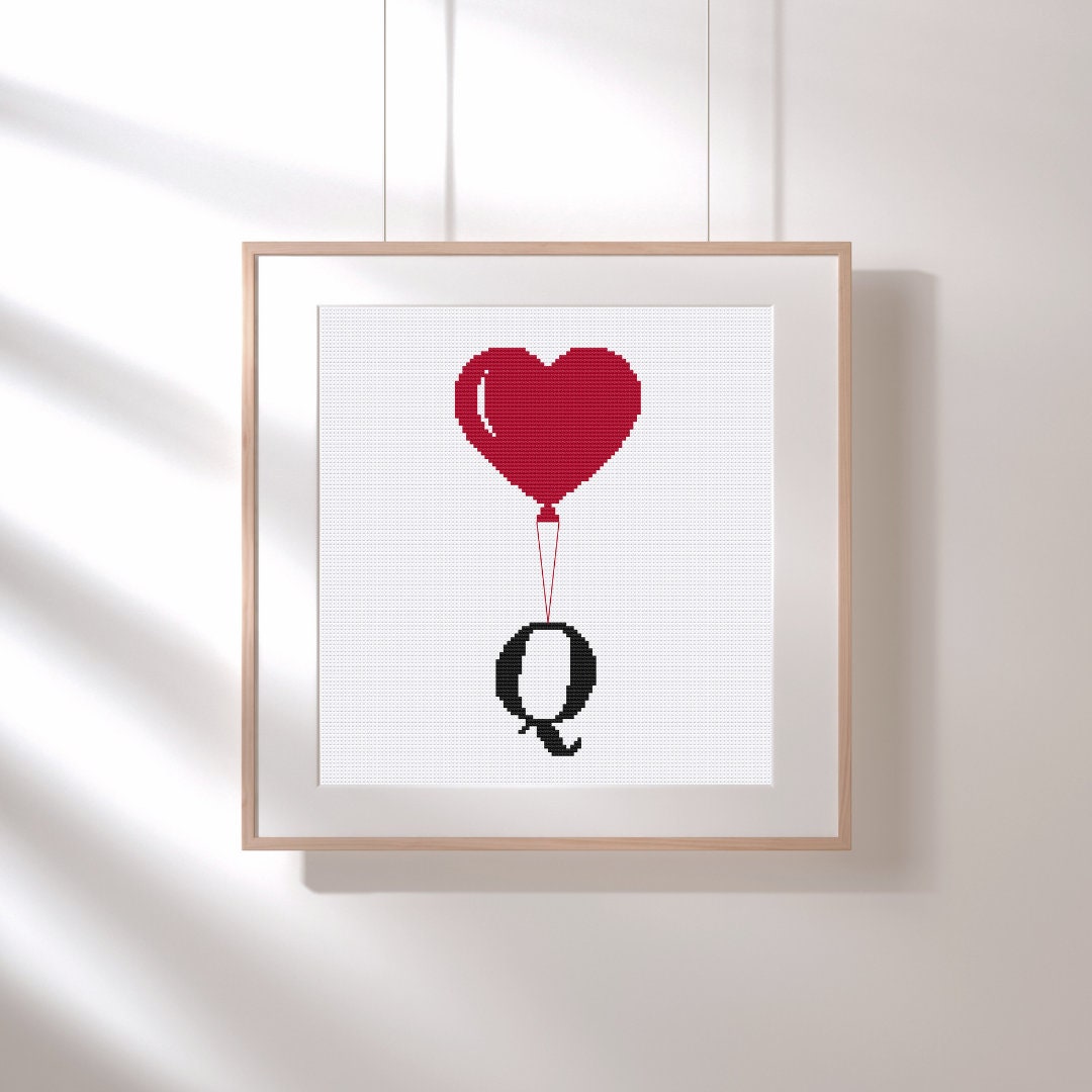 Letter Q Cross Stitch Pattern, Heart Balloon Q Cross Stitch, Initial ...
