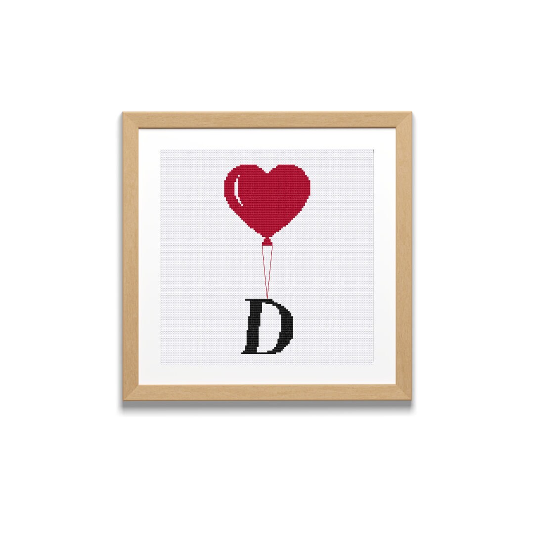 Letter D Cross Stitch Pattern, Heart Balloon D Cross Stitch, Initial ...
