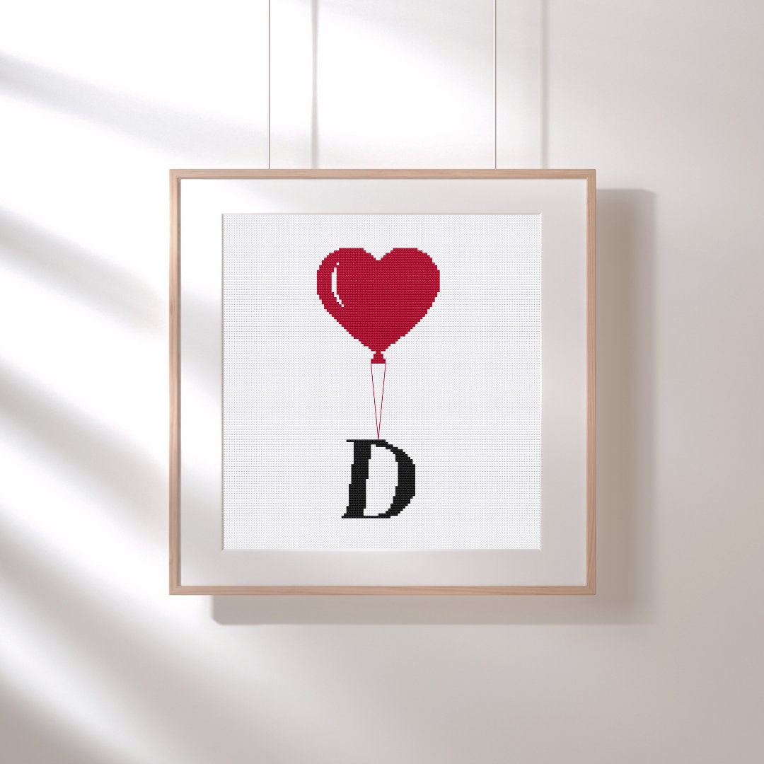 Letter D Cross Stitch Pattern, Heart Balloon D Cross Stitch, Initial ...