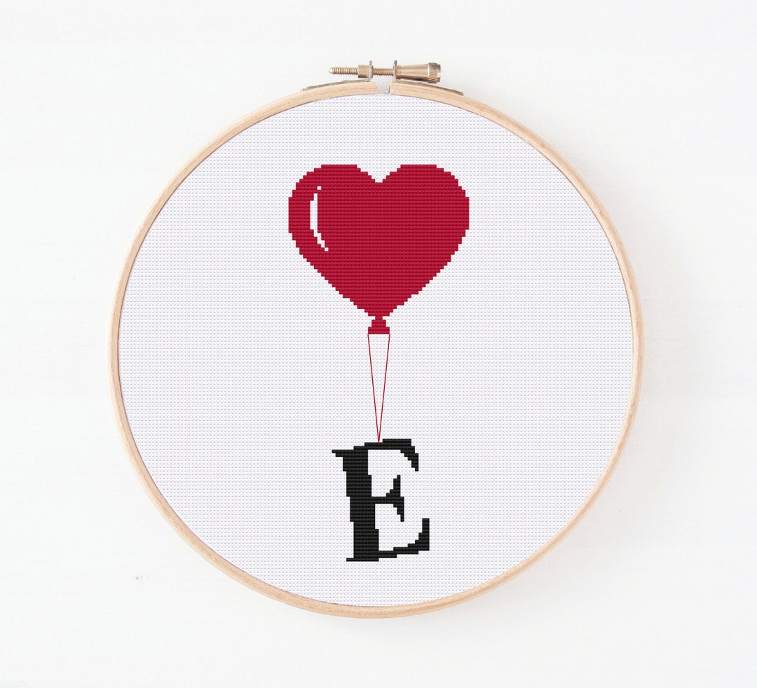 Letter E Cross Stitch Pattern, Heart Balloon E Cross Stitch, Initial ...