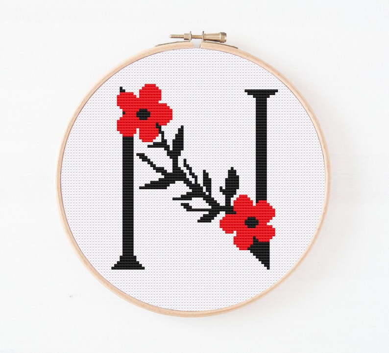 Floral Letter N Cross Stitch Pattern, Monogram N Cross Stitch, Initial ...