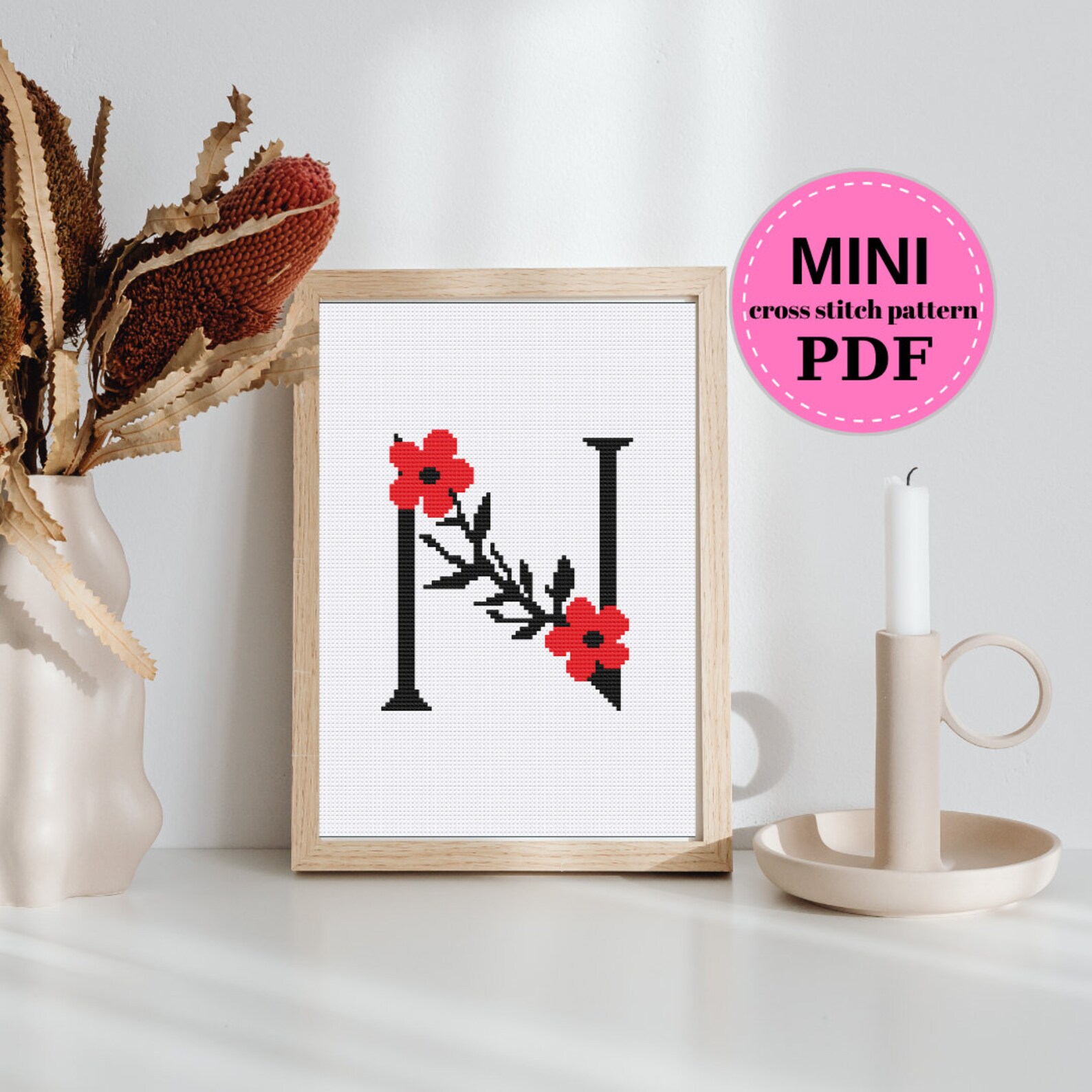 Floral Letter N Cross Stitch Pattern, Monogram N Cross Stitch, Initial ...