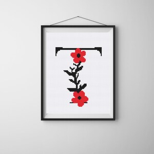 Floral Letter T Cross Stitch Pattern, Monogram T Cross Stitch, Initial ...