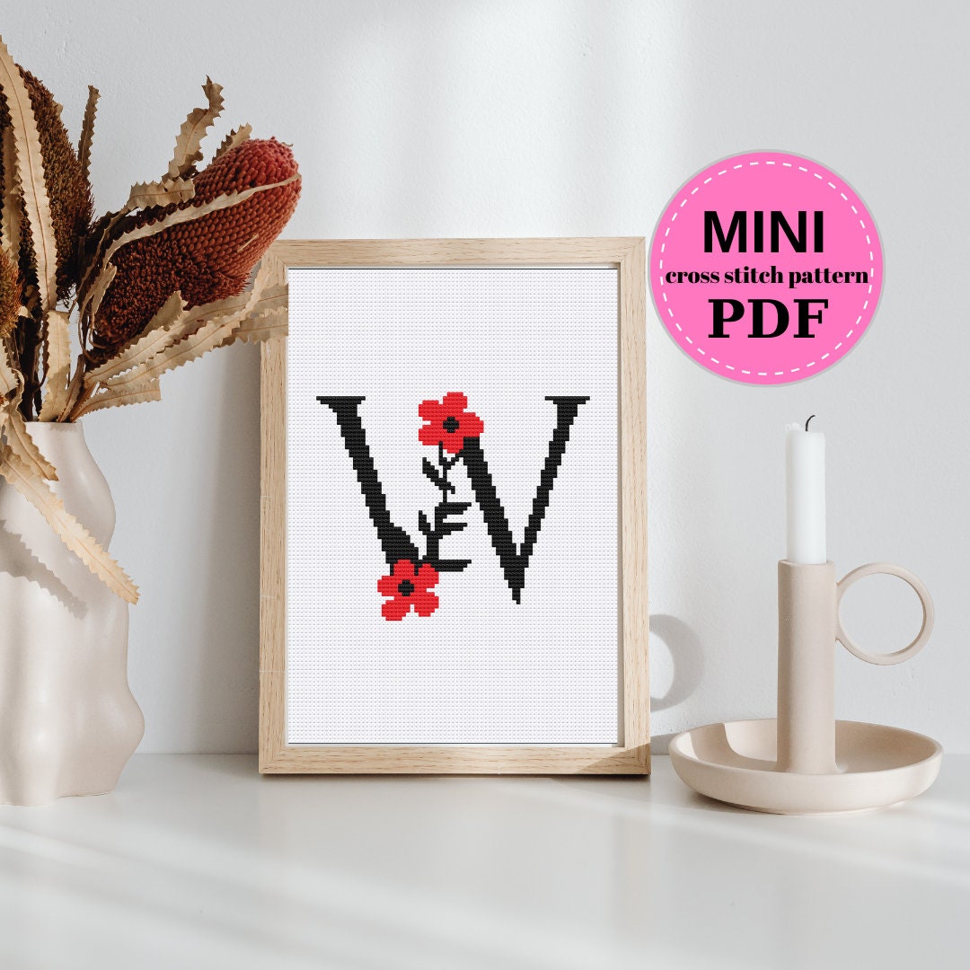 Floral Letter W Cross Stitch Pattern, Monogram W Cross Stitch, Initial ...