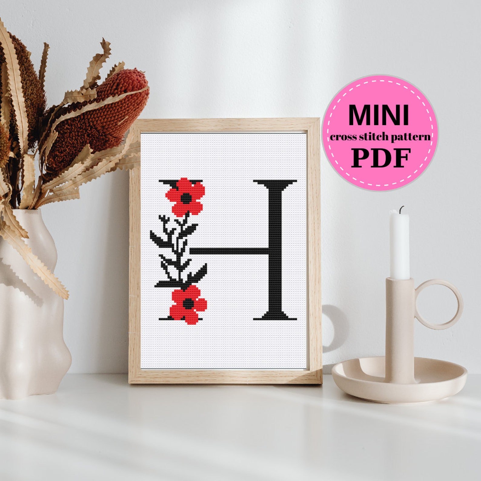 Floral Letter H Cross Stitch Pattern, Monogram H Cross Stitch, Initial ...