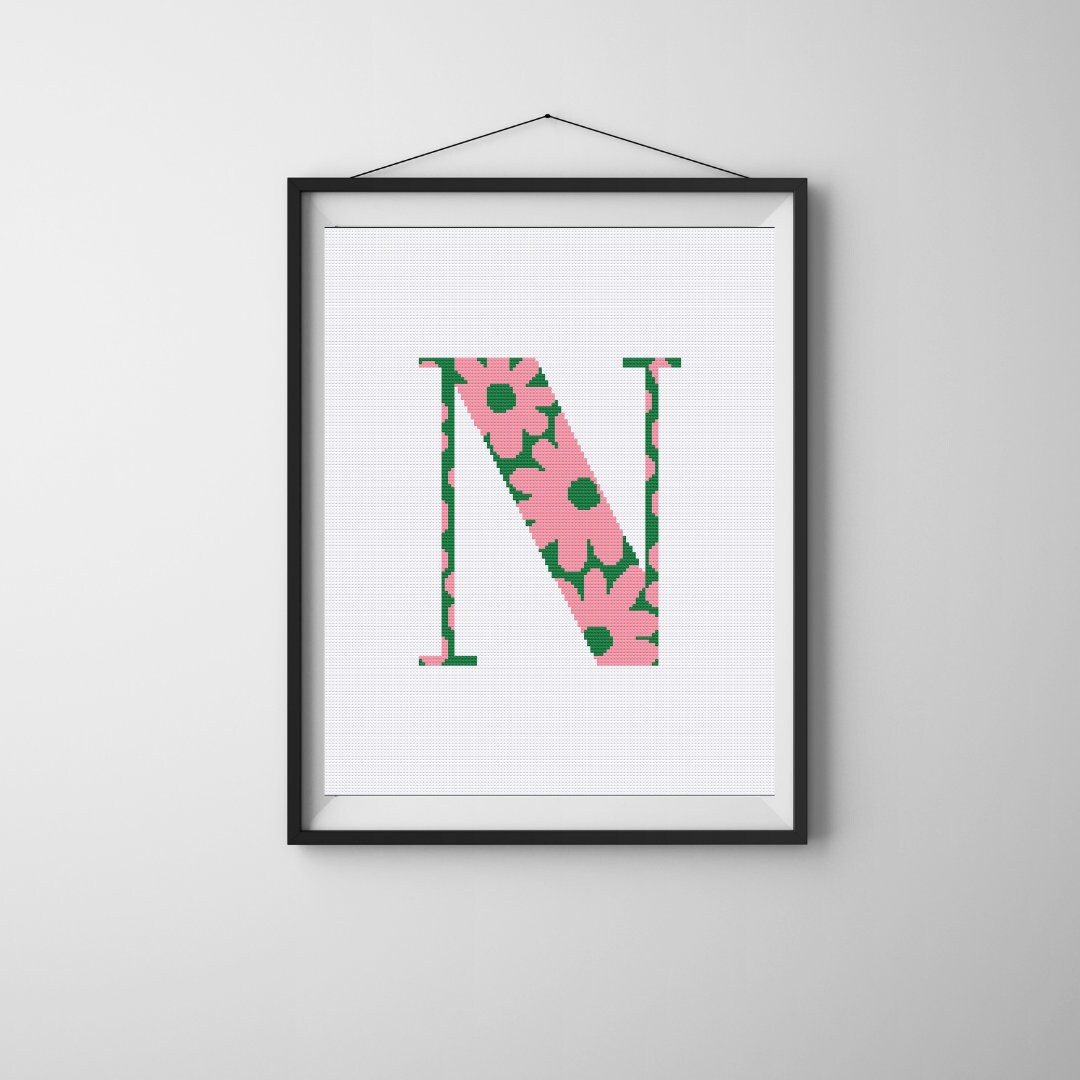 Letter N, Cross Stitch Alphabet Pattern, Floral Monogram, Counted Cross ...