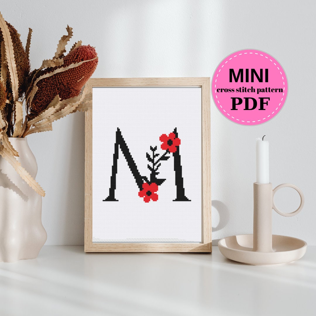 Floral Letter M Cross Stitch Pattern, Monogram M Cross Stitch, Initial ...
