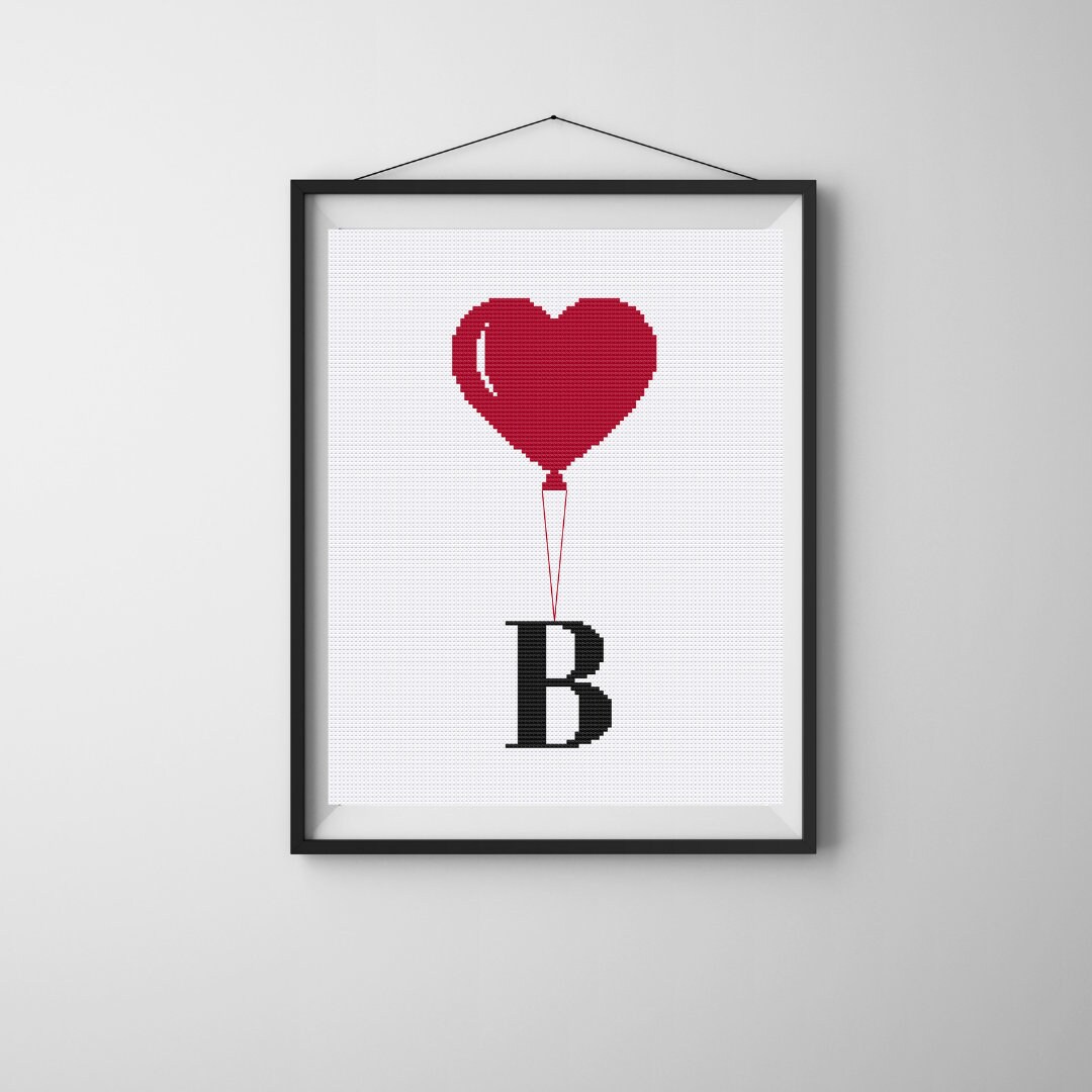 Letter B Cross Stitch Pattern, Heart Balloon B Cross Stitch, Initial ...