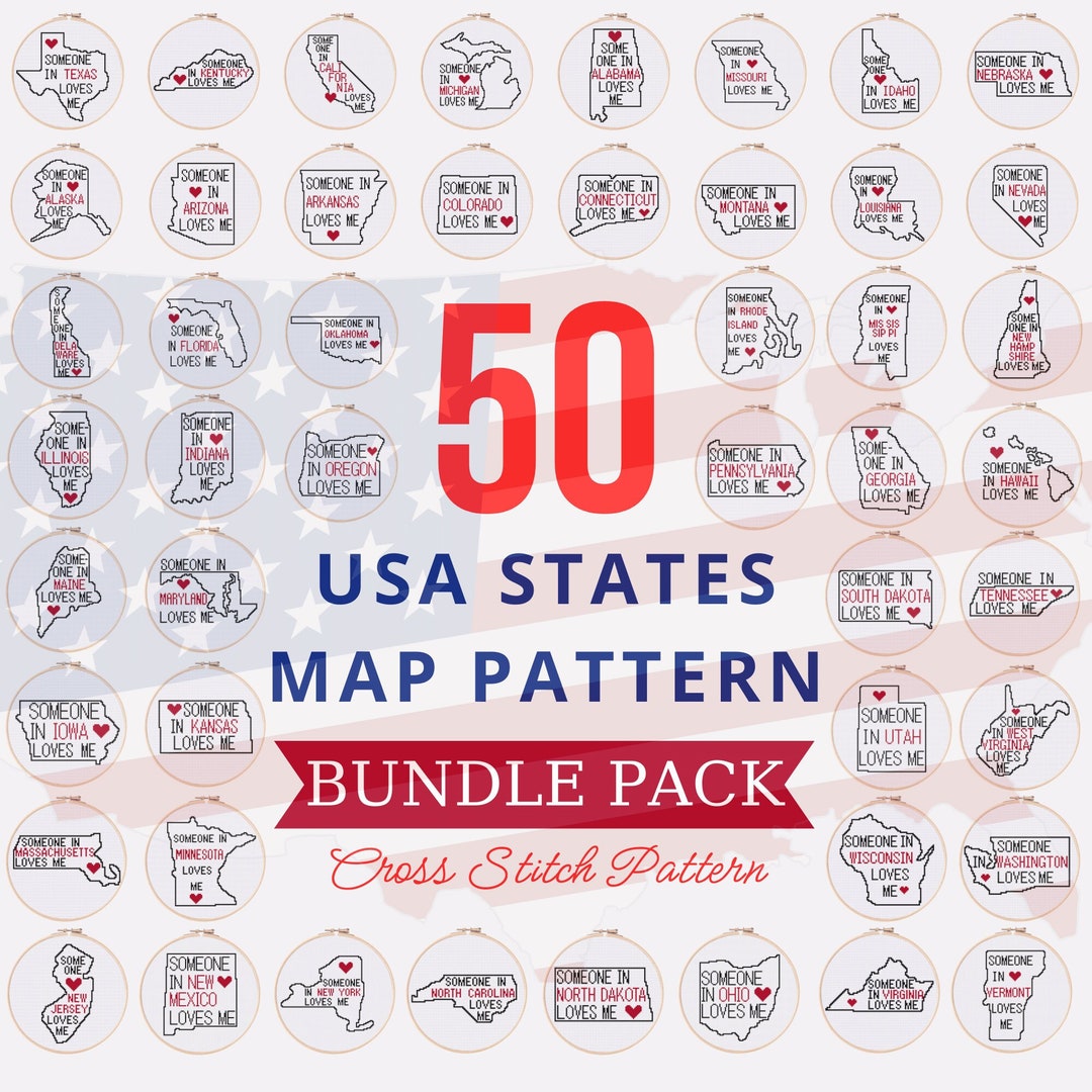 USA States Map Bundle, USA State Map Cross Stitch Pattern, 50 USA ...