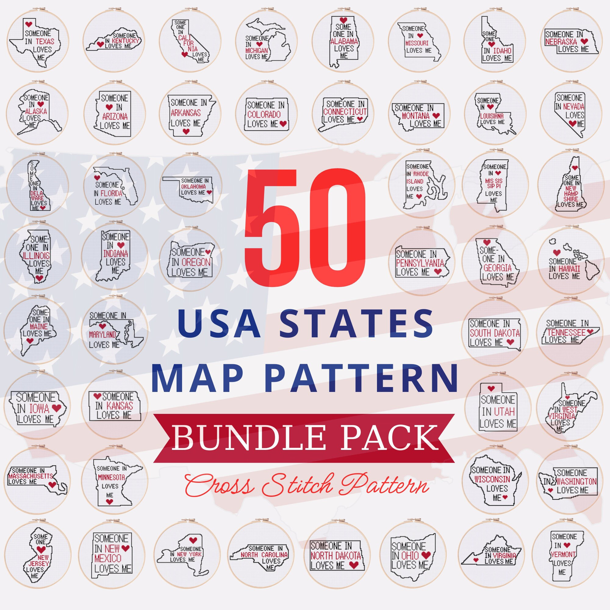 USA States Map Bundle, USA State Map Cross Stitch Pattern, 50 USA ...