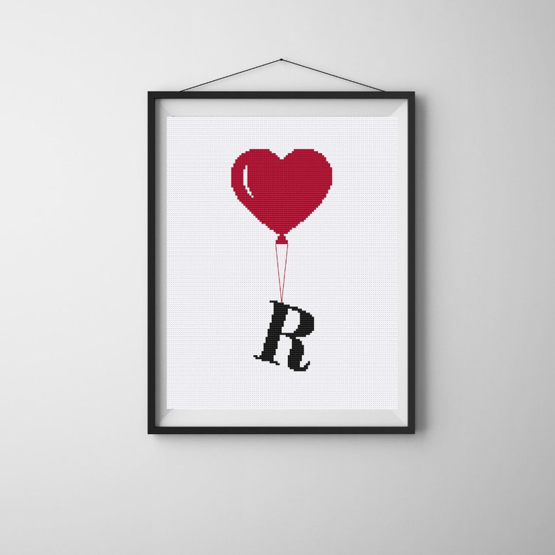 Letter R Cross Stitch Pattern, Heart Balloon R Cross Stitch, Initial ...