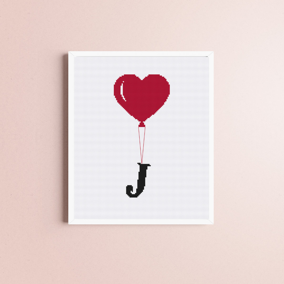 Letter J Cross Stitch Pattern, Heart Balloon J Cross Stitch, Initial ...