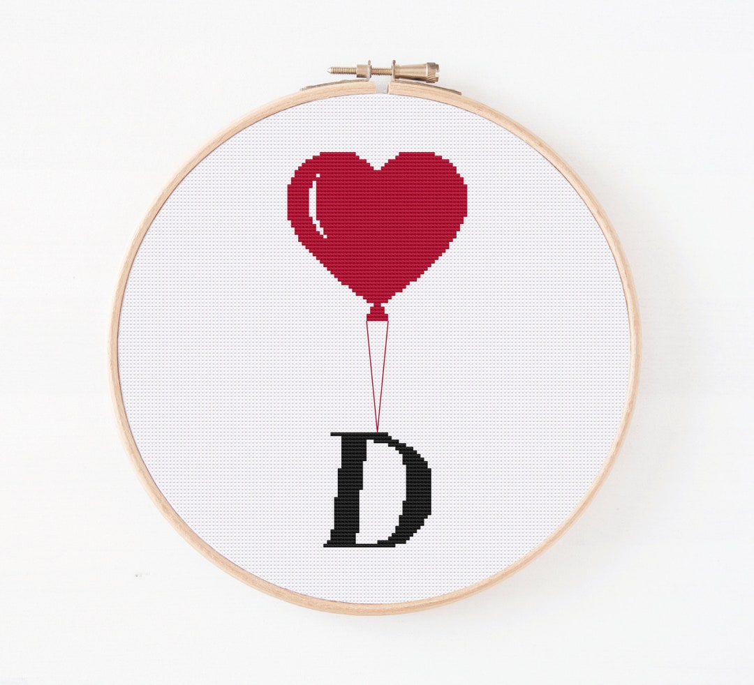 Letter D Cross Stitch Pattern, Heart Balloon D Cross Stitch, Initial ...