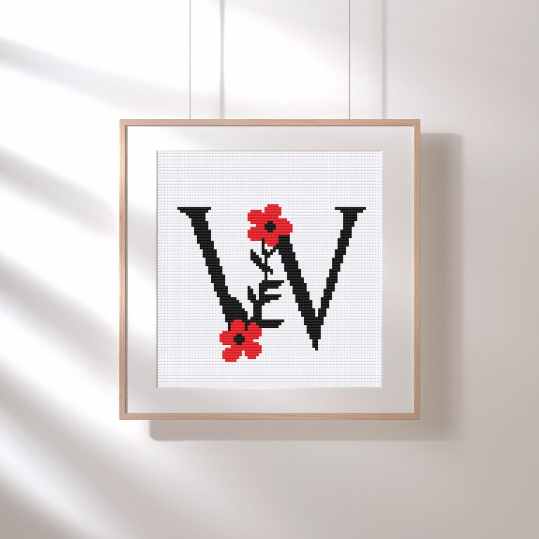 Floral Letter W Cross Stitch Pattern, Monogram W Cross Stitch, Initial ...