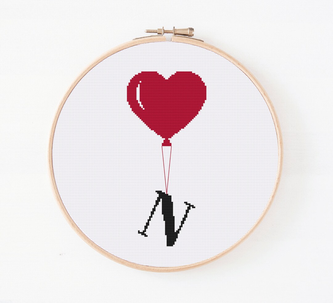Letter N Cross Stitch Pattern, Heart Balloon N Cross Stitch, Initial ...